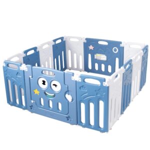 honey joy baby play yards, 14 panel foldable baby playpen, anti-slip base & lockable safety gate, indoor large baby fence play area for babies and toddlers (blue, 14 panel)