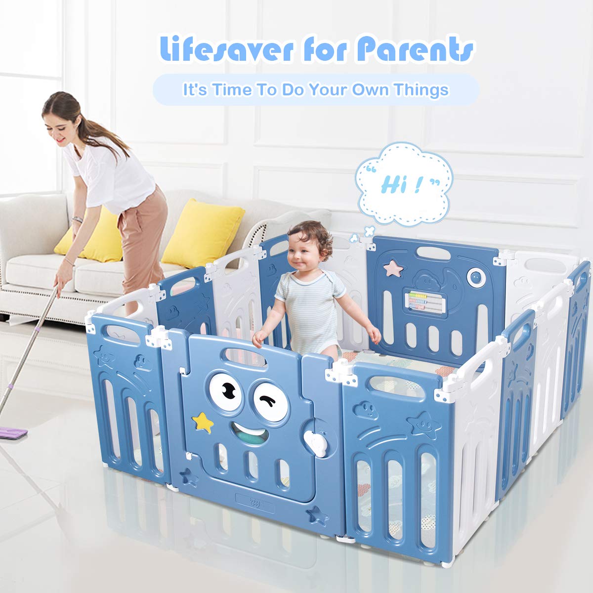 HONEY JOY Baby Play Yards, 14 Panel Foldable Baby Playpen, Anti-Slip Base & Lockable Safety Gate, Indoor Large Baby Fence Play Area for Babies and Toddlers (Blue, 14 Panel)