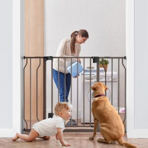 ciays baby gate, 29.5” to 45.3” dog gate for stairs doorways and house, auto-close safety metal child gate for babys dogs with alarm, pressure mounted, brown