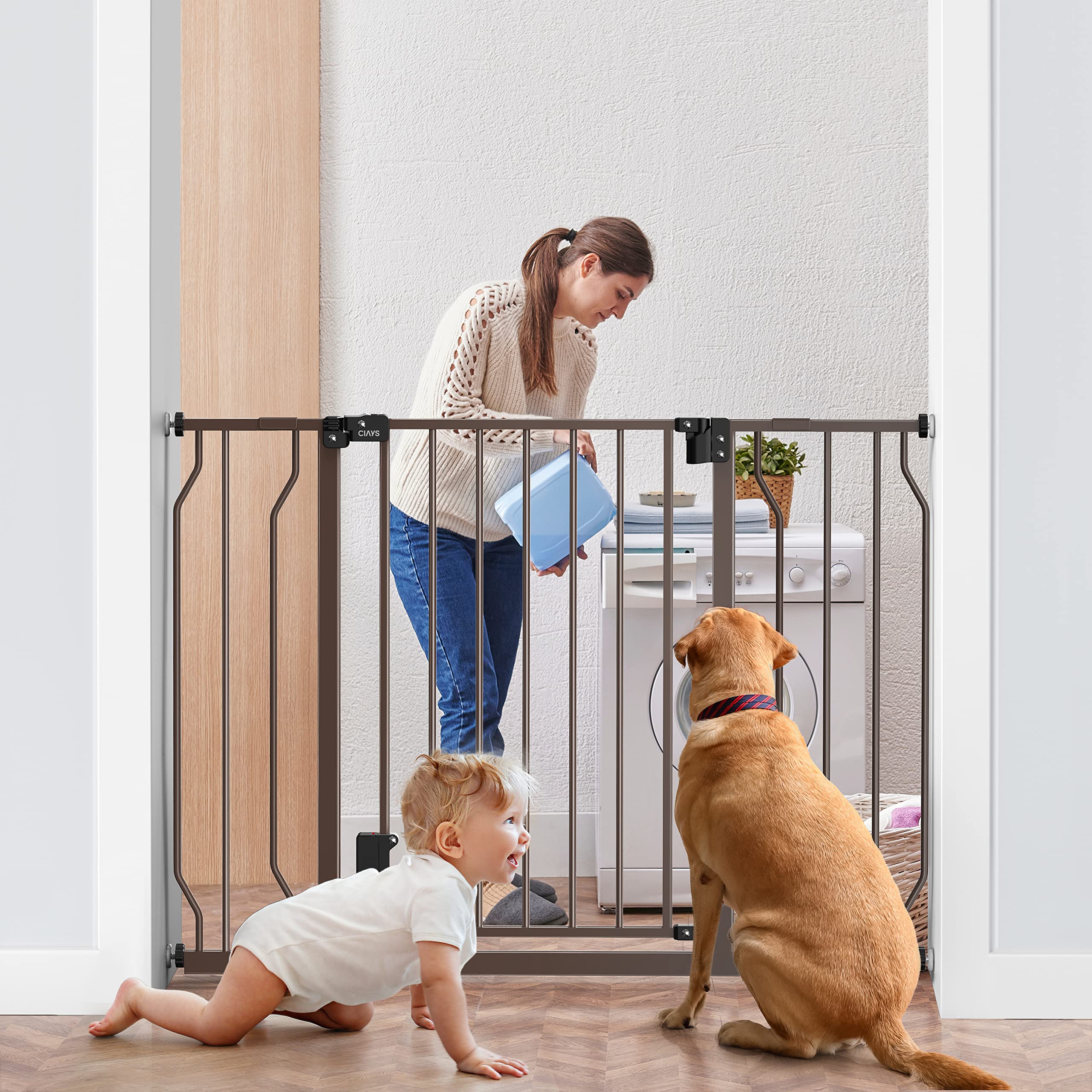 Ciays Baby Gate, 29.5” to 45.3” Dog Gate for Stairs Doorways and House, Auto-Close Safety Metal Child Gate for Babys Dogs with Alarm, Pressure Mounted, Brown