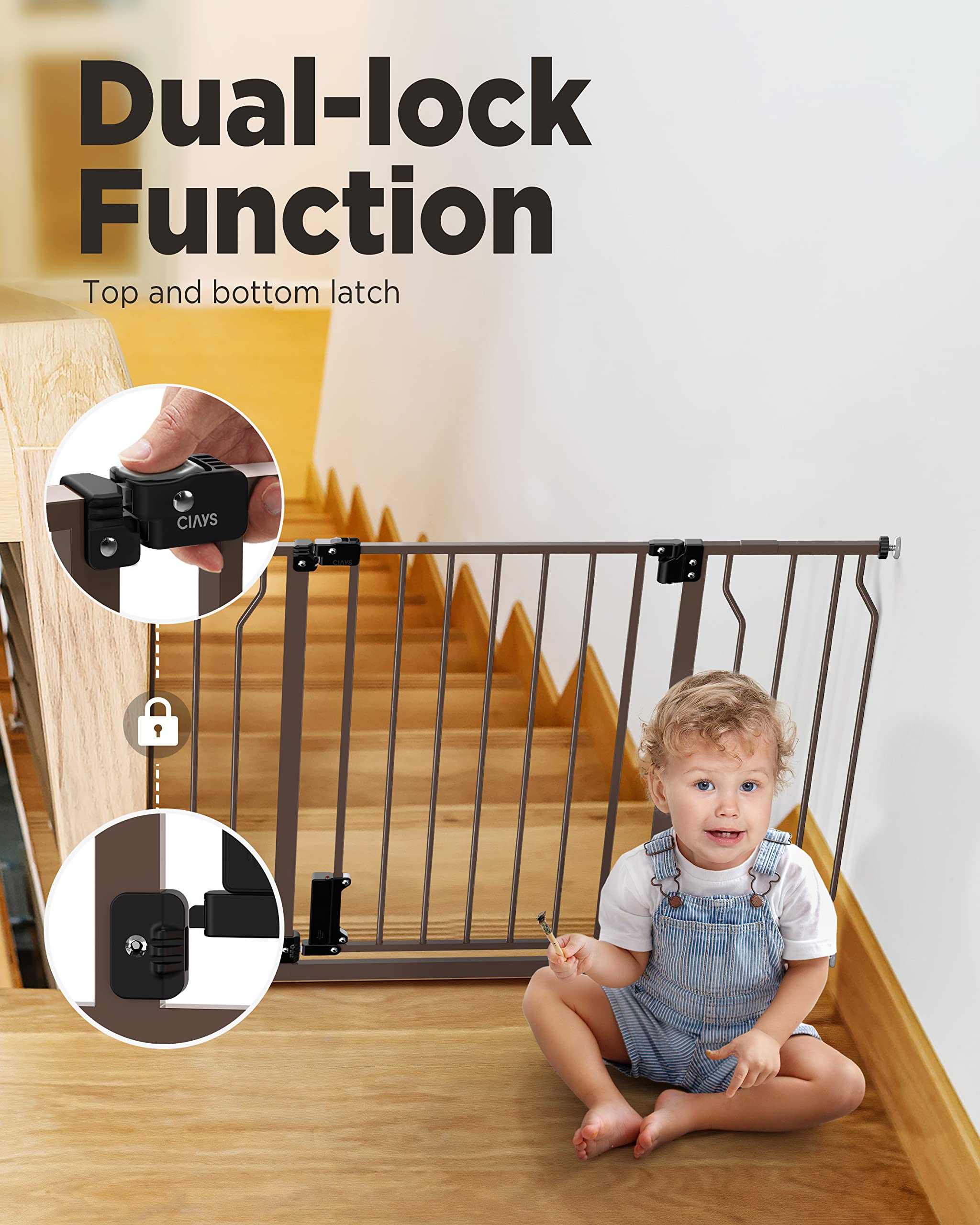 Ciays Baby Gate, 29.5” to 45.3” Dog Gate for Stairs Doorways and House, Auto-Close Safety Metal Child Gate for Babys Dogs with Alarm, Pressure Mounted, Brown