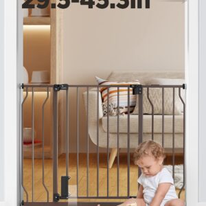 Ciays Baby Gate, 29.5” to 45.3” Dog Gate for Stairs Doorways and House, Auto-Close Safety Metal Child Gate for Babys Dogs with Alarm, Pressure Mounted, Brown