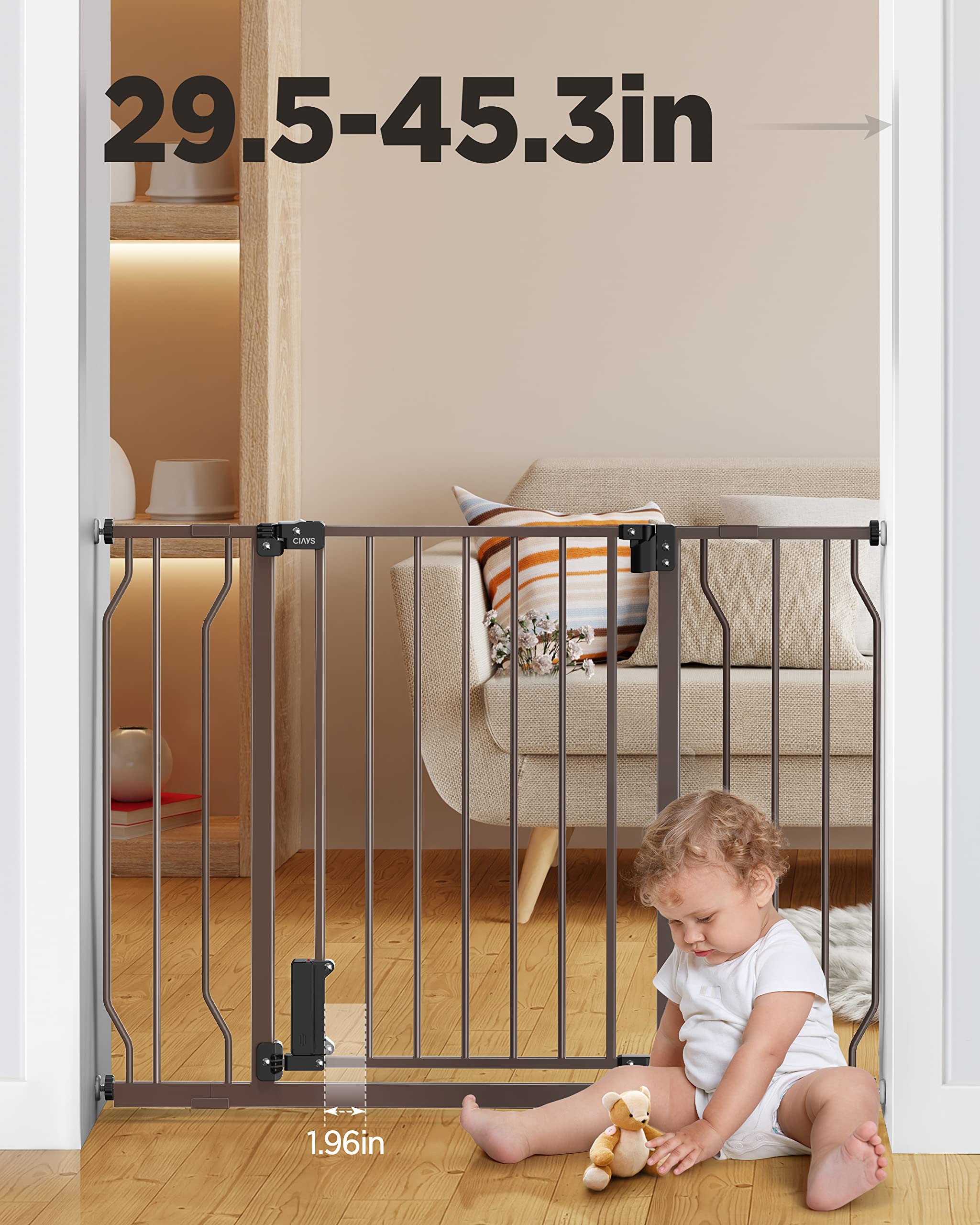 Ciays Baby Gate, 29.5” to 45.3” Dog Gate for Stairs Doorways and House, Auto-Close Safety Metal Child Gate for Babys Dogs with Alarm, Pressure Mounted, Brown