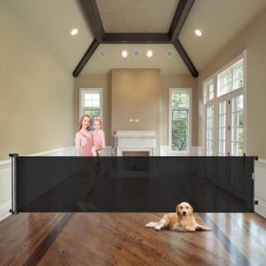 womhom 100 inch extra wide baby gate for large opening retractable baby gates for dogs indoor safety gate dog gates for the house extra long baby gate for stairs outdoor mesh large pet gate (black)