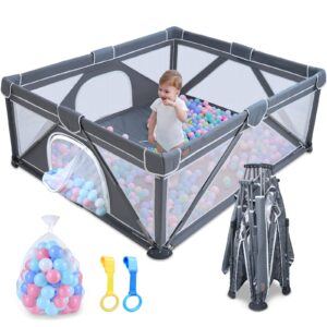 foldable baby playpen, yobear large playpen for babies and toddlers with 50 pcs ocean balls & 2 handles, indoor & outdoor kids safety play pen area, portable travel play yard (59" × 59", dark grey)