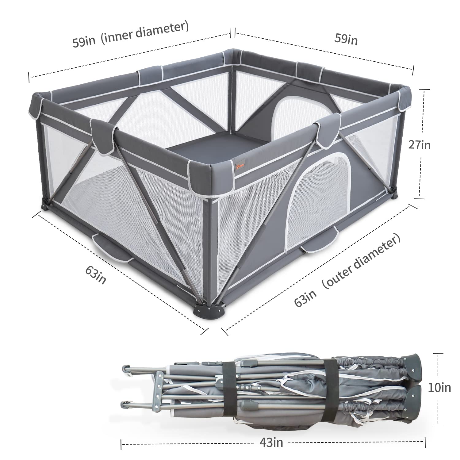 Foldable Baby Playpen, Yobear Large Playpen for Babies and Toddlers with 50 PCS Ocean Balls & 2 Handles, Indoor & Outdoor Kids Safety Play Pen Area, Portable Travel Play Yard (59" × 59", Dark Grey)