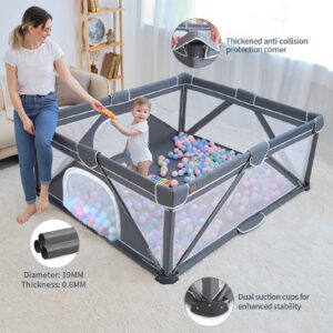 Foldable Baby Playpen, Yobear Large Playpen for Babies and Toddlers with 50 PCS Ocean Balls & 2 Handles, Indoor & Outdoor Kids Safety Play Pen Area, Portable Travel Play Yard (59" × 59", Dark Grey)