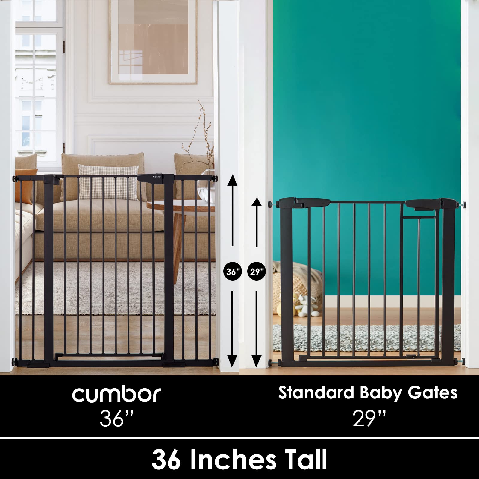 Cumbor 36" Extra Tall Baby Gate for Dogs and Kids with Wide 2-Way Door, 29.7"- 46" Width, and Auto Close Personal Safety for Babies and Pets, Fits Doorways, Stairs, and Entryways, Black