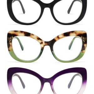 AMOMOMA 3 Pack Stylish Oversized Cat Eye Reading Glasses for Women Fashion Readers Blue Light Square Computer Glases AM6077 C1+C2+C3 1.0