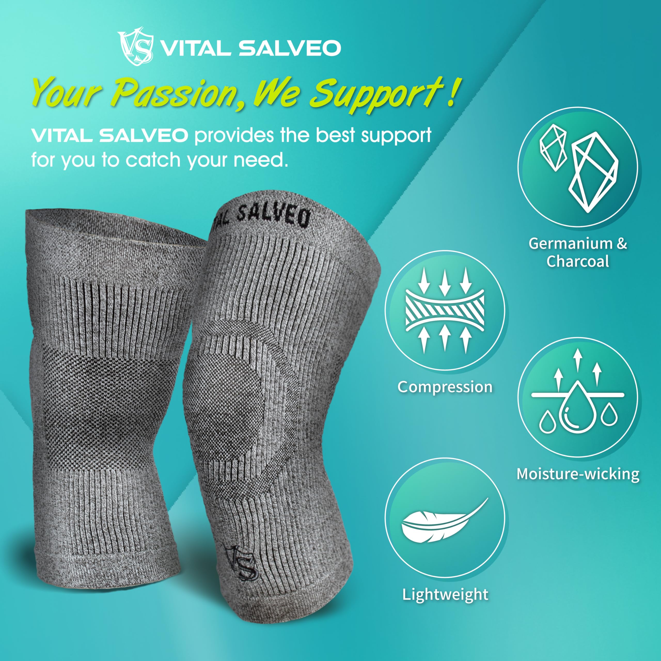 VITAL SALVEO Knee Sleeve-Knee Brace C3-COMFORT for Joint Pain Relief, Germanium and Charcoal Yarn Circulation For Men and Women (1 Pair)-XX-Large