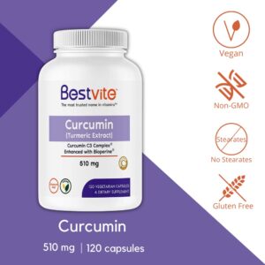 BESTVITE Curcumin 510mg (Turmeric)(120 Vegetarian Capsules) with Curcumin C3 Complex & Bioperine - Standardized to 95% Curcuminoids - No Stearates - Vegan - Non GMO - Gluten Free