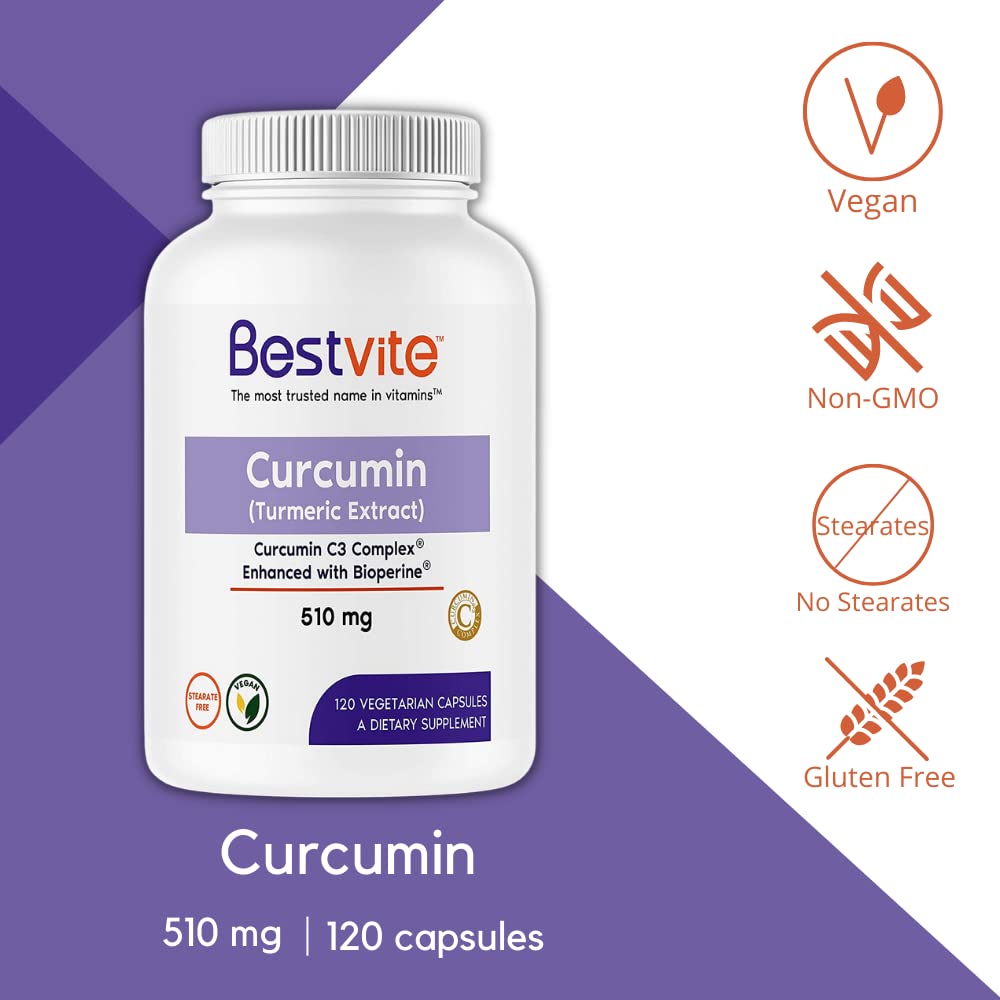 BESTVITE Curcumin 510mg (Turmeric)(120 Vegetarian Capsules) with Curcumin C3 Complex & Bioperine - Standardized to 95% Curcuminoids - No Stearates - Vegan - Non GMO - Gluten Free