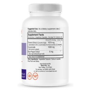 BESTVITE Curcumin 510mg (Turmeric)(120 Vegetarian Capsules) with Curcumin C3 Complex & Bioperine - Standardized to 95% Curcuminoids - No Stearates - Vegan - Non GMO - Gluten Free