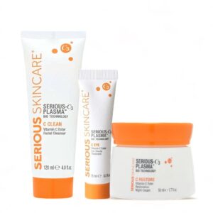 serious skincare - serious c3 vitamin c plasma night trio set - c-restore night cream, c eye beauty treatment and c clean facial cleanser - fine lines, mature dry skin - smoother radiant skin