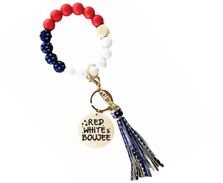 PERSONALIZED Keychain PATRIOTIC, Beaded Wooden, Wristlet Key Ring with Tassel, great Gift FREE SHIPPING (Design C3)