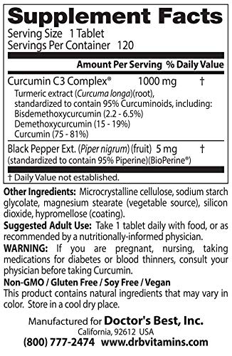 Curcumin from Turmeric Root with Curcumin C3 & BioPerine 1000mg 120 Count by Doctors Best