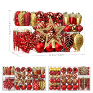 SHareconn 106pcs Christmas BaublesOrnaments Set,Shatterproof Plastic DecorativeBaubles for Christmas Tree Decorations,Holiday Wedding Party Decoration with HooksIncluded,Red & Gold