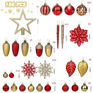 SHareconn 106pcs Christmas BaublesOrnaments Set,Shatterproof Plastic DecorativeBaubles for Christmas Tree Decorations,Holiday Wedding Party Decoration with HooksIncluded,Red & Gold