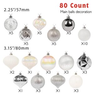 Every Day is Christmas Deluxe 80 Piece Set of Shatterproof Ornaments, Full Tree Ornament Set, Christmas Balls and Decorations (Silver White)