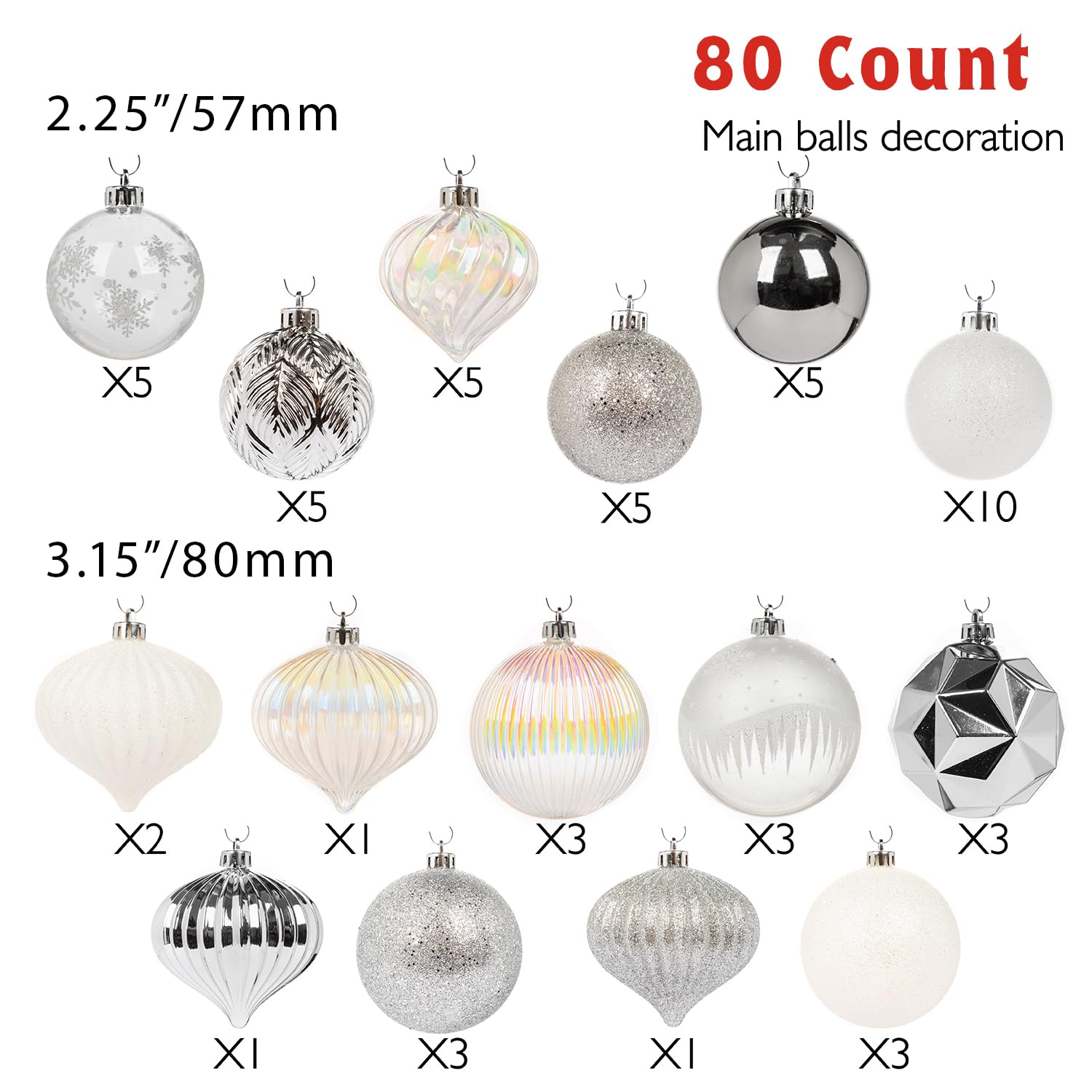 Every Day is Christmas Deluxe 80 Piece Set of Shatterproof Ornaments, Full Tree Ornament Set, Christmas Balls and Decorations (Silver White)