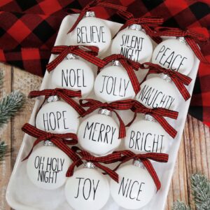 christmas ornaments - set of 12 shatterproof white bulbs adorned with buffalo plaid bows - rustic farmhouse christmas tree decorations for xmas tree decor