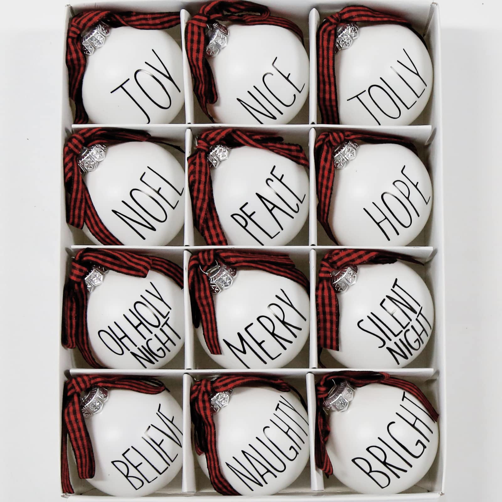 Christmas Ornaments - Set of 12 Shatterproof White Bulbs Adorned with Buffalo Plaid Bows - Rustic Farmhouse Christmas Tree Decorations for Xmas Tree Decor