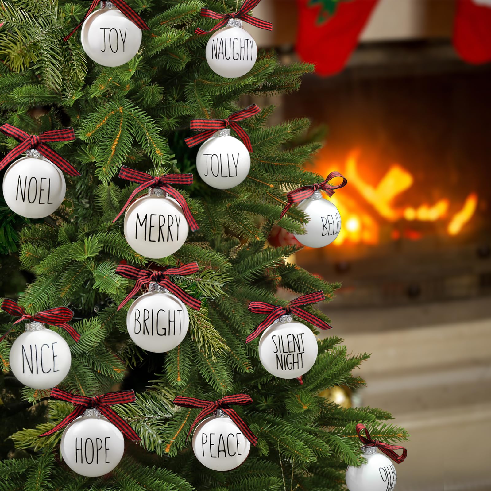 Christmas Ornaments - Set of 12 Shatterproof White Bulbs Adorned with Buffalo Plaid Bows - Rustic Farmhouse Christmas Tree Decorations for Xmas Tree Decor