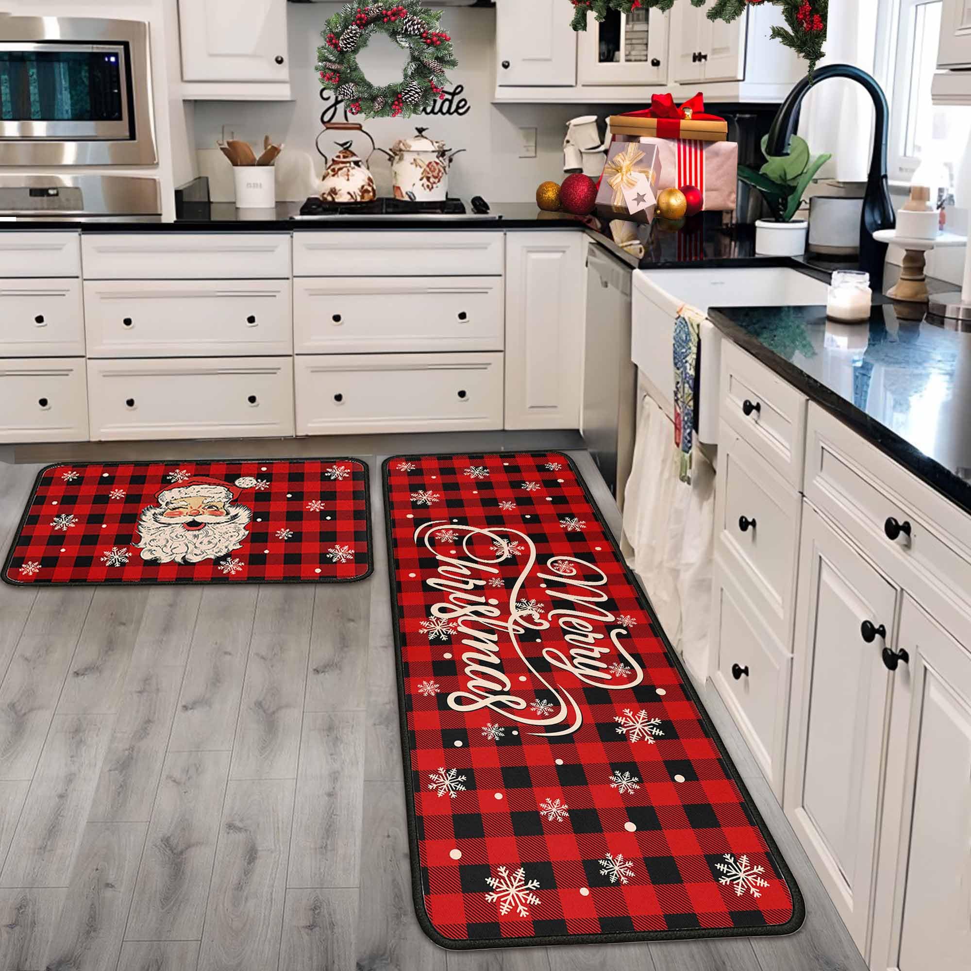 Putware Christmas Kitchen Rugs and Mats Set of 2, Christmas Decorations for Home Non Slip Backing Winter Holiday Kitchen Rug Seasonal Low-Profile Kitchen Floor Mat Xmas Decor 17"X47"+17"X30"