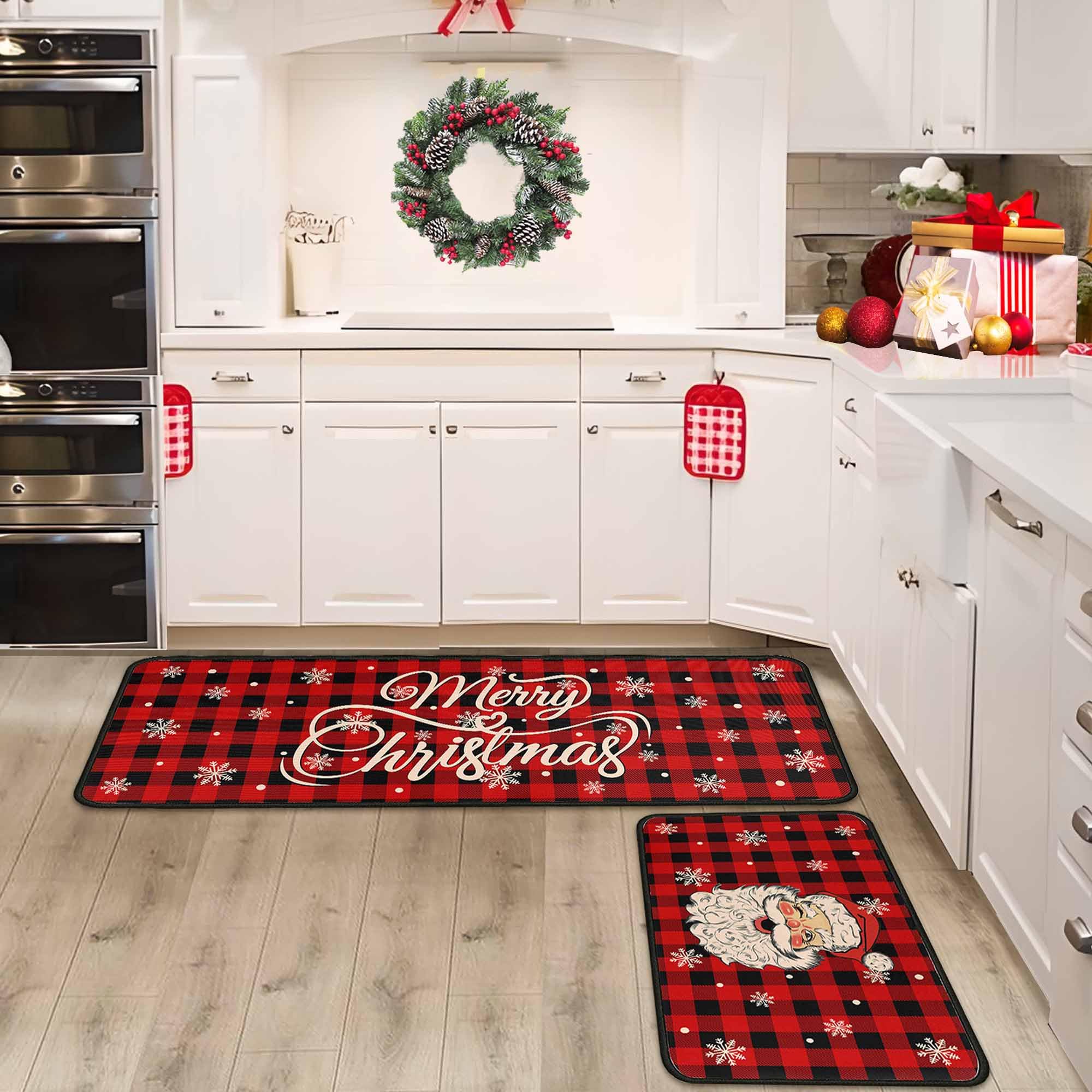 Putware Christmas Kitchen Rugs and Mats Set of 2, Christmas Decorations for Home Non Slip Backing Winter Holiday Kitchen Rug Seasonal Low-Profile Kitchen Floor Mat Xmas Decor 17"X47"+17"X30"