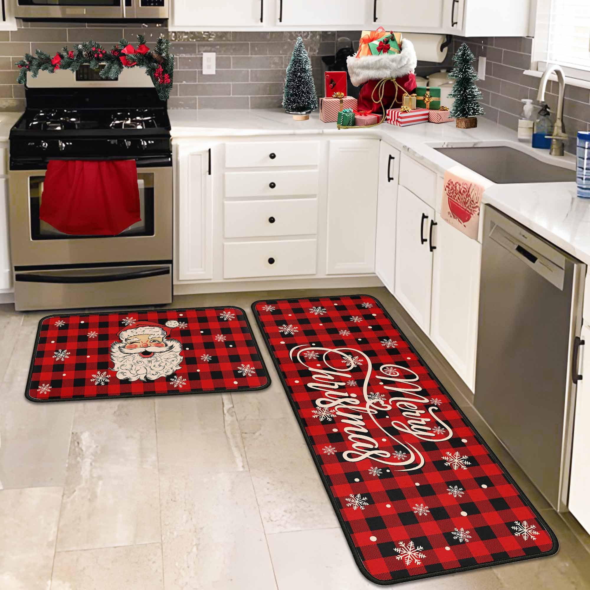 Putware Christmas Kitchen Rugs and Mats Set of 2, Christmas Decorations for Home Non Slip Backing Winter Holiday Kitchen Rug Seasonal Low-Profile Kitchen Floor Mat Xmas Decor 17"X47"+17"X30"