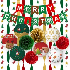 yiotjunl christmas decorations party paper lanterns set,red and green pom poms christmas decorations,merry christsmas banner for christmas party decor…