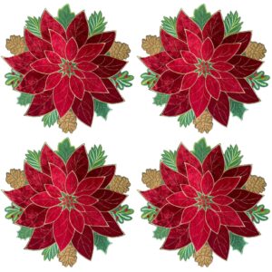 KEVA Holiday Christmas Placemats Set of 4, Embroidered Red Velvet Poinsettia Cutwork Christmas Table Decorations for Home and Kitchen, Red Placemats 16inch Round