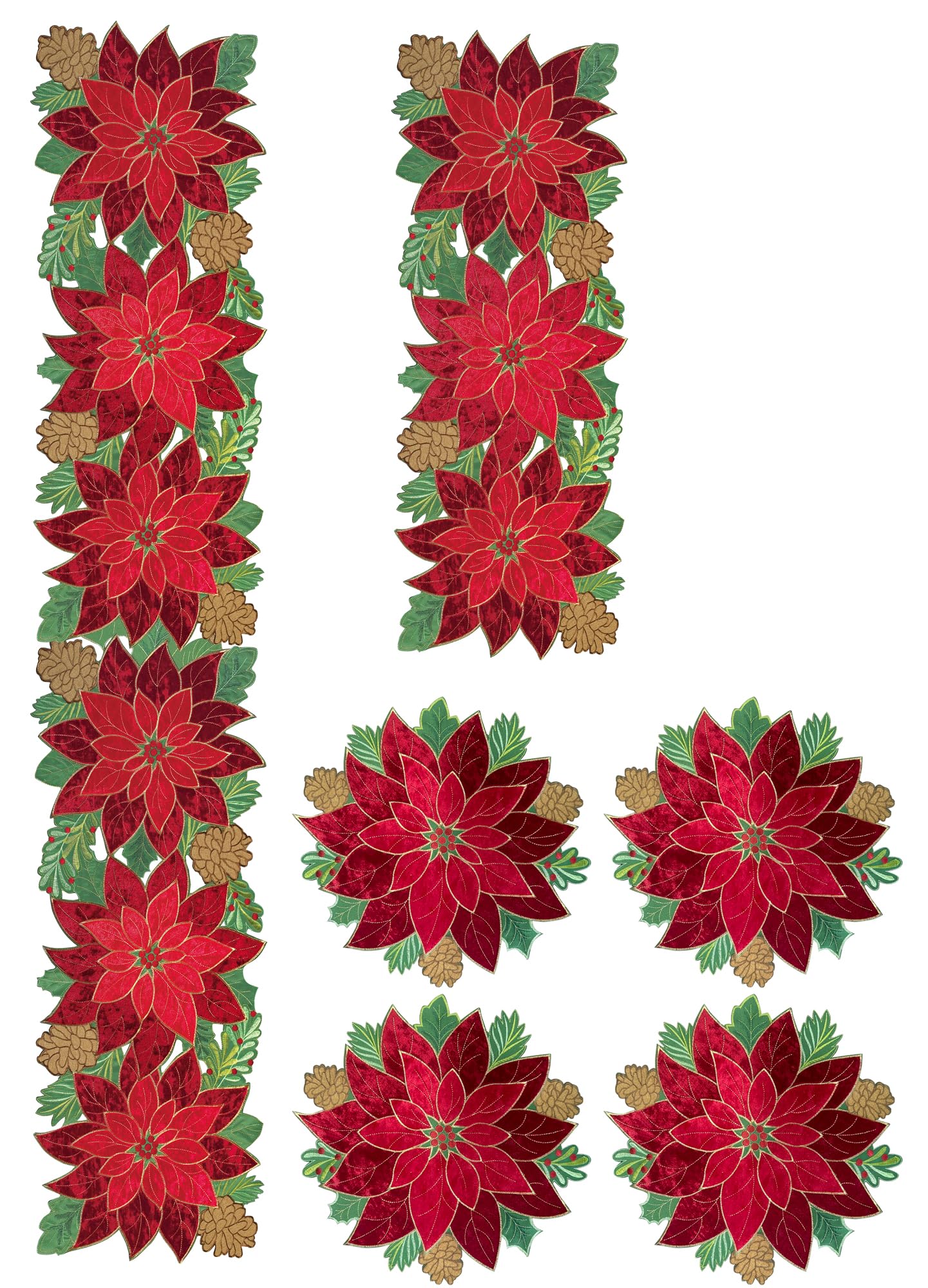 KEVA Holiday Christmas Placemats Set of 4, Embroidered Red Velvet Poinsettia Cutwork Christmas Table Decorations for Home and Kitchen, Red Placemats 16inch Round