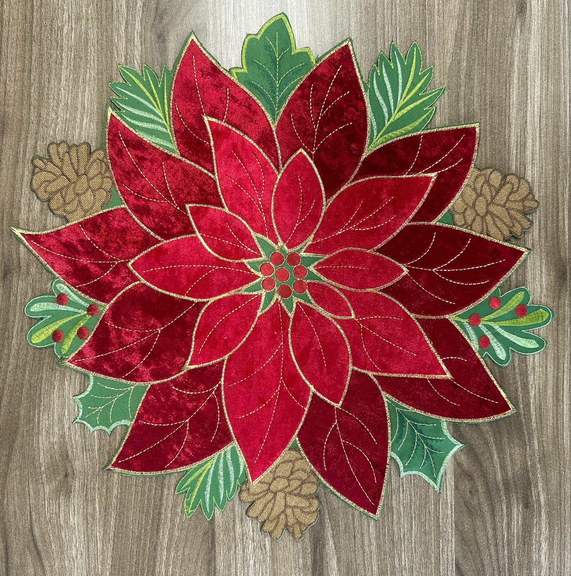 KEVA Holiday Christmas Placemats Set of 4, Embroidered Red Velvet Poinsettia Cutwork Christmas Table Decorations for Home and Kitchen, Red Placemats 16inch Round