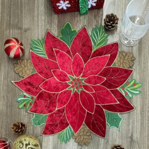 KEVA Holiday Christmas Placemats Set of 4, Embroidered Red Velvet Poinsettia Cutwork Christmas Table Decorations for Home and Kitchen, Red Placemats 16inch Round