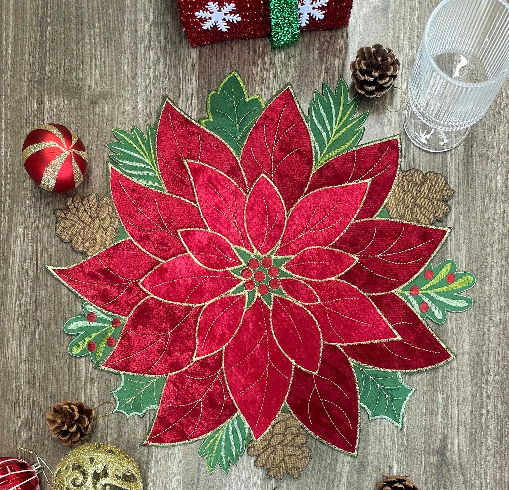 KEVA Holiday Christmas Placemats Set of 4, Embroidered Red Velvet Poinsettia Cutwork Christmas Table Decorations for Home and Kitchen, Red Placemats 16inch Round