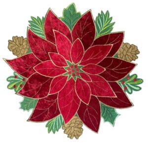 KEVA Holiday Christmas Placemats Set of 4, Embroidered Red Velvet Poinsettia Cutwork Christmas Table Decorations for Home and Kitchen, Red Placemats 16inch Round