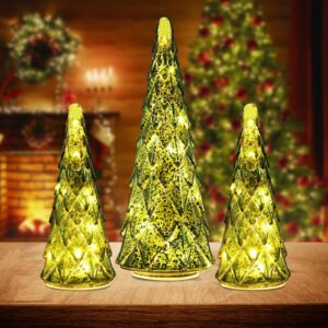 christmas decorations indoor, yeahome set of 3 pre-lit green glass christmas tree for home decor, christmas table decorations lighted xmas tree with timer for living room mantel tabletop party