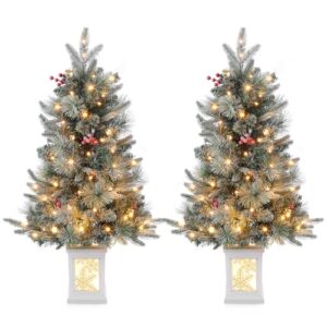 lunsy 2 pack 3ft faux frost christmas tree with snowflake light box base with 70pcs ul listed 8 mode warm white light beads, red berry for front door, porch, entryway, fireside christmas decoration