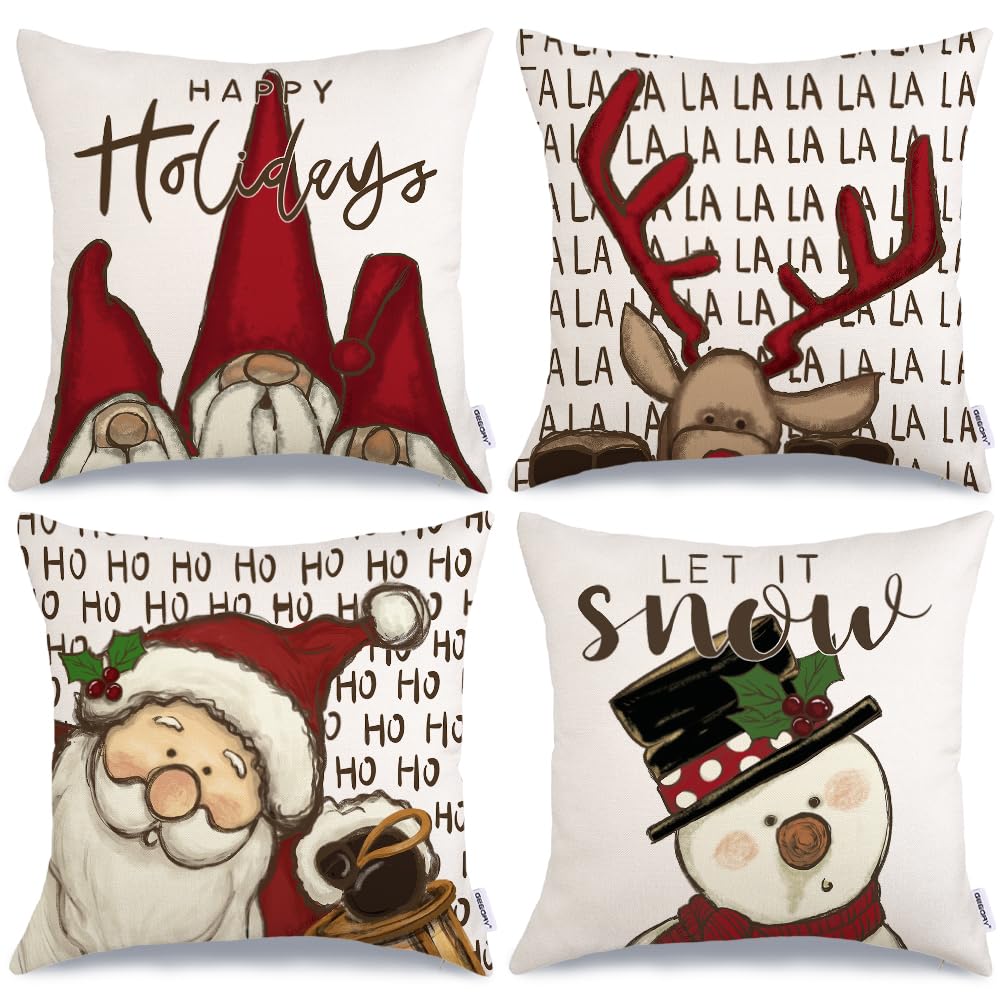 GEEORY Christmas Decorative Pillow Covers 18x18 Inch Set of 4, Gnomes Santa Claus Deer Snowman Winter Holiday Farmhouse Cushion Cases Xmas Decoration for Home GA313-18