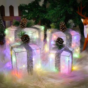 covfever christmas lighted gift boxes, pre-lit lights gift boxes set of 4, light up present boxes set battery operated with different sizes for holiday indoor outdoor decorations(multi-colored)