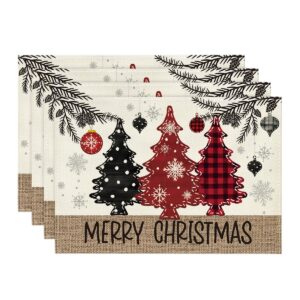 artoid mode red pine trees balls merry christmas placemats set of 4, 12x18 inch winter xmas table mats for party kitchen dining decoration