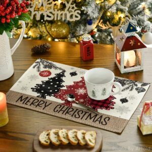 Artoid Mode Red Pine Trees Balls Merry Christmas Placemats Set of 4, 12x18 Inch Winter Xmas Table Mats for Party Kitchen Dining Decoration