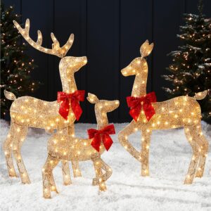 best choice products 4ft 3-piece 2d lighted christmas deer family set, large outdoor yard reindeer holiday decoration with 175 led lights, stakes, zip ties - gold