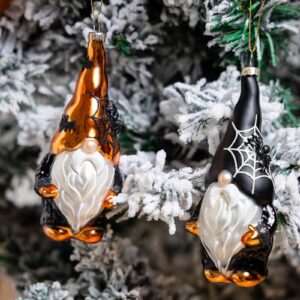 Set of 2 Hand Blown Glass Halloween Gnomes Ornaments for Christmas Tree Decorations, Hanging Glass Halloween Gnome Christmas Ornaments