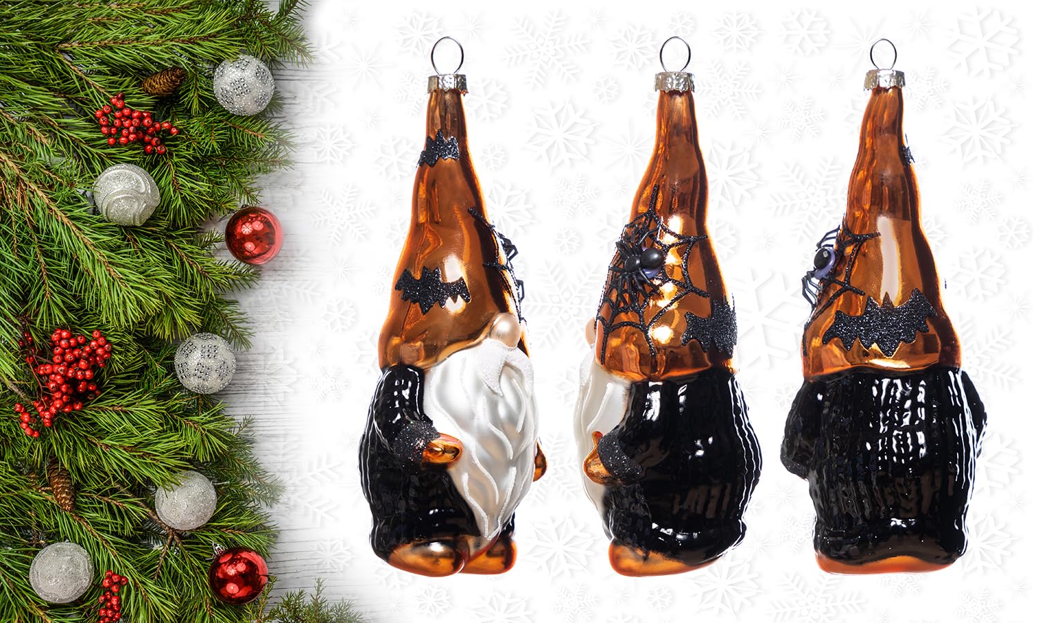 Set of 2 Hand Blown Glass Halloween Gnomes Ornaments for Christmas Tree Decorations, Hanging Glass Halloween Gnome Christmas Ornaments