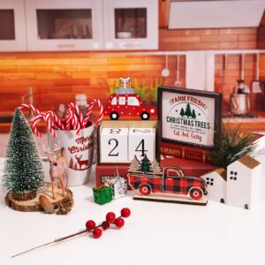 Christmas Decor - 14Pcs Christmas Decorations Indoor for Tiered Tray - Farmhouse Rustic Home Buffalo Plaid Kitchen Decor - Wooden Signs for Bathroom Table Bedroom (Not Included Tray) - White