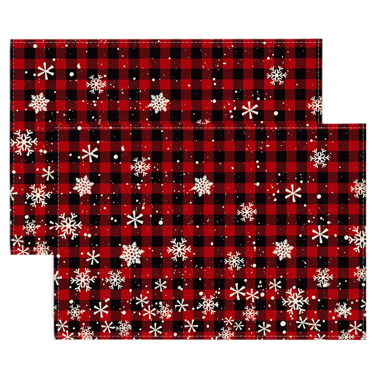 Artoid Mode Red and Black Buffalo Plaid Snowflakes Christmas Placemats Set of 2, 12x18 Inch Winter Table Mats for Party Kitchen Dining Decoration