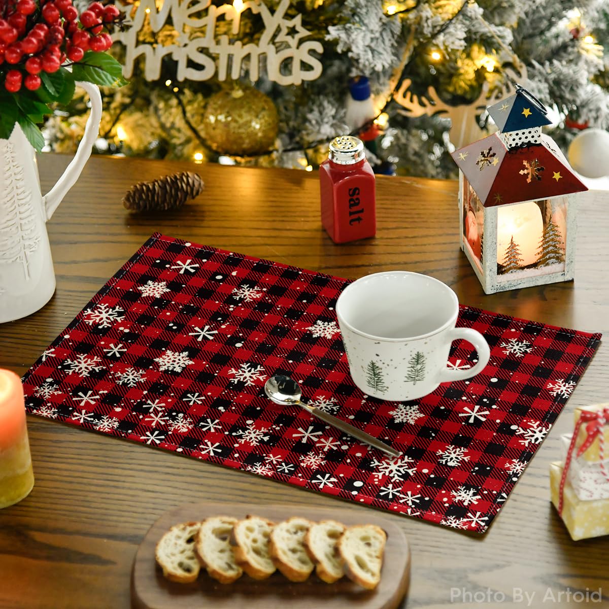 Artoid Mode Red and Black Buffalo Plaid Snowflakes Christmas Placemats Set of 2, 12x18 Inch Winter Table Mats for Party Kitchen Dining Decoration