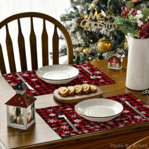 Artoid Mode Red and Black Buffalo Plaid Snowflakes Christmas Placemats Set of 2, 12x18 Inch Winter Table Mats for Party Kitchen Dining Decoration